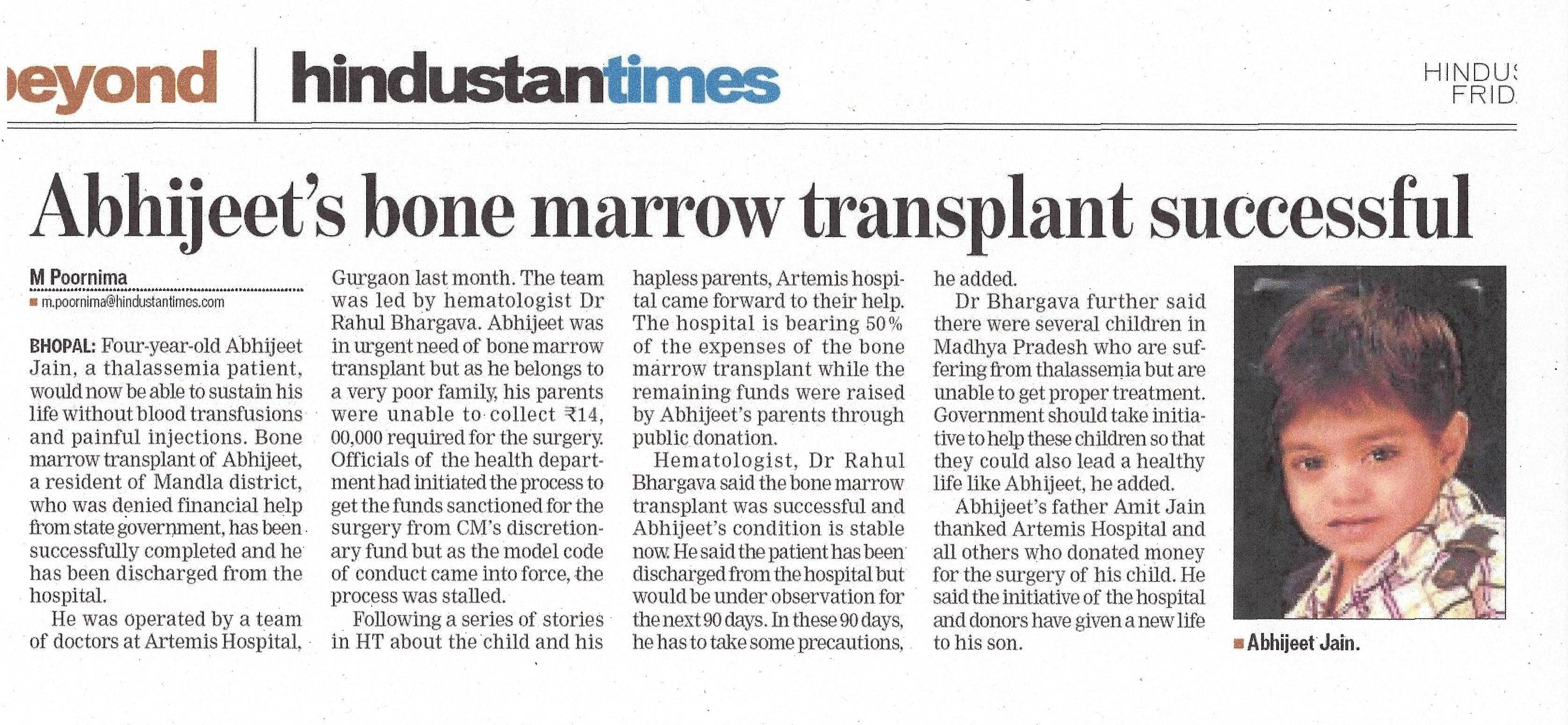 Abhijeet's bone marrow transplant succesful