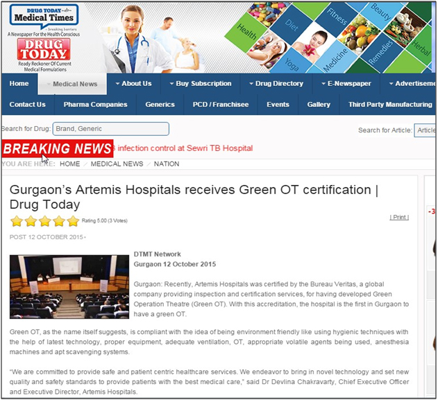 Gurgaon’s Artemis Hospitals receives Green OT certification | Drug Today